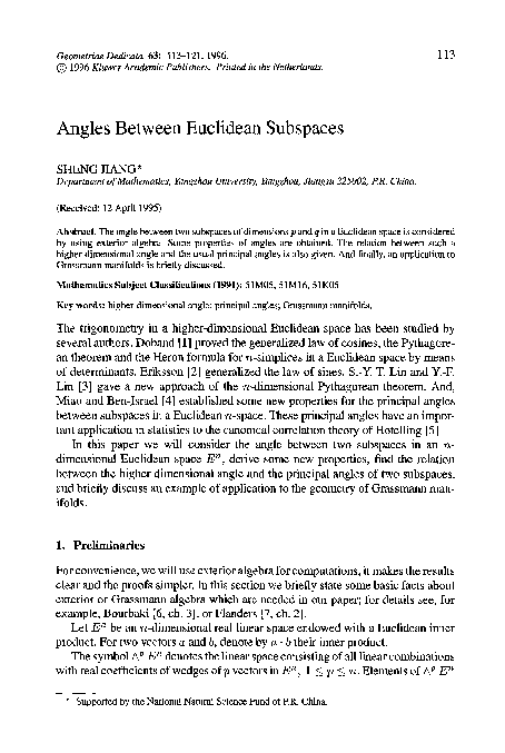 Pdf Angles Between Euclidean Subspaces