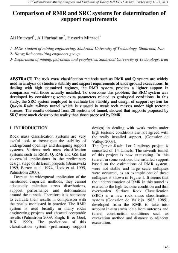 (PDF) Comparison of RMR and SRC systems for determination of support requirements