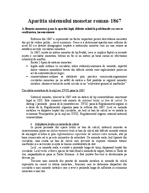 (DOC) Aparitia Sistemului Monetar Romanesc - Legea Monetara de la 1867