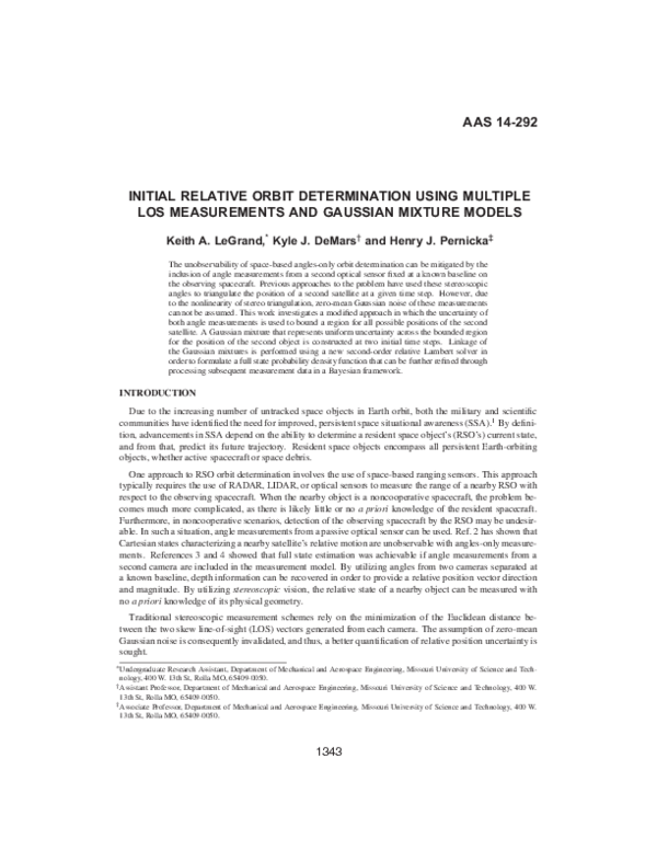 Pdf Aas 14 292 Initial Relative Orbit Determination Using Multiple Los Measurements And