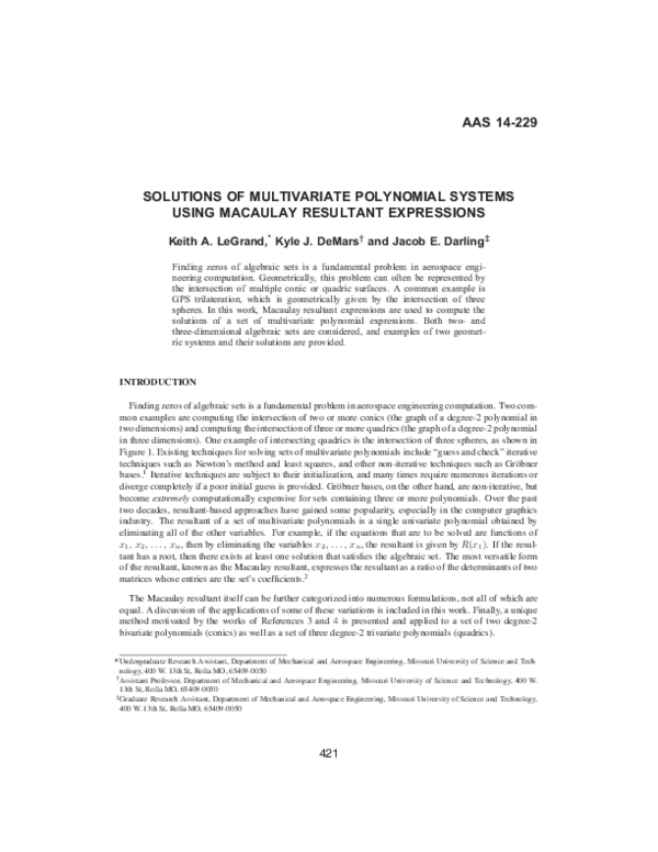 (PDF) Solutions of Multivariate Polynomial Systems using Macaulay Resultant Expressions | Kyle ...