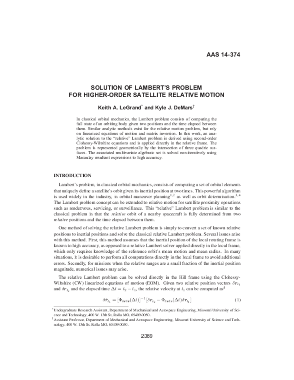 (PDF) Solution of Lambert's Problem for Higher-Order Satellite Relative ...