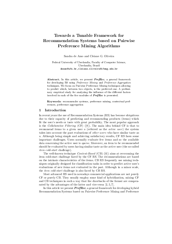 Pdf Towards A Tunable Framework For Recommendation Systems Based On Pairwise Preference Mining