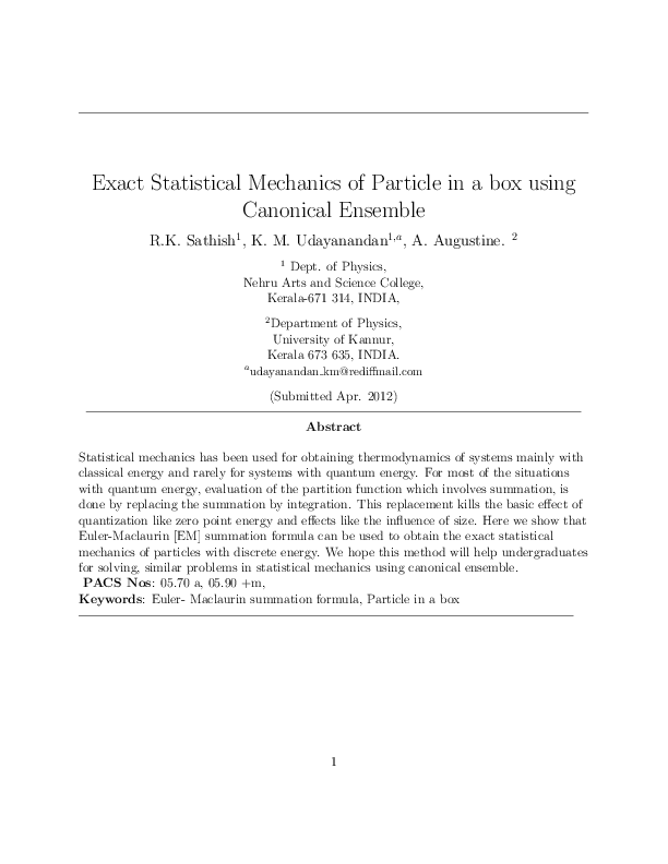 (PDF) Exact Statistical Mechanics of Particle in a box using Canonical ...