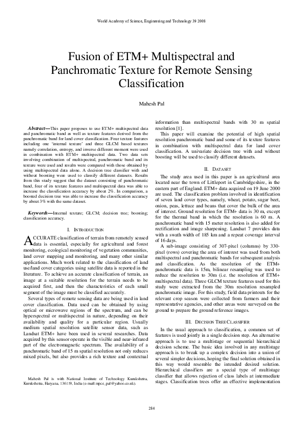 (PDF) Fusion of ETM+ Multispectral and Panchromatic Texture for Remote Sensing Classification