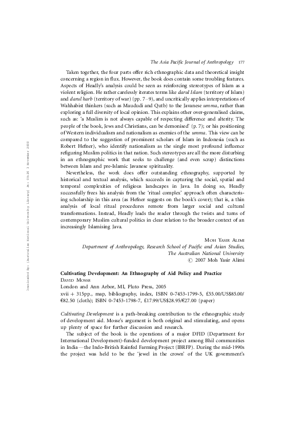 Review of David Mosse (2005) 'Cultivating Development: An Ethnography of Aid Policy and Practice ...