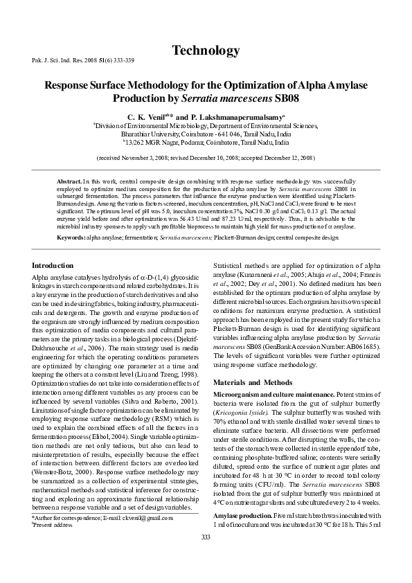 (PDF) Response surface methodology for the optimization of alpha amylase production by Serratia ...