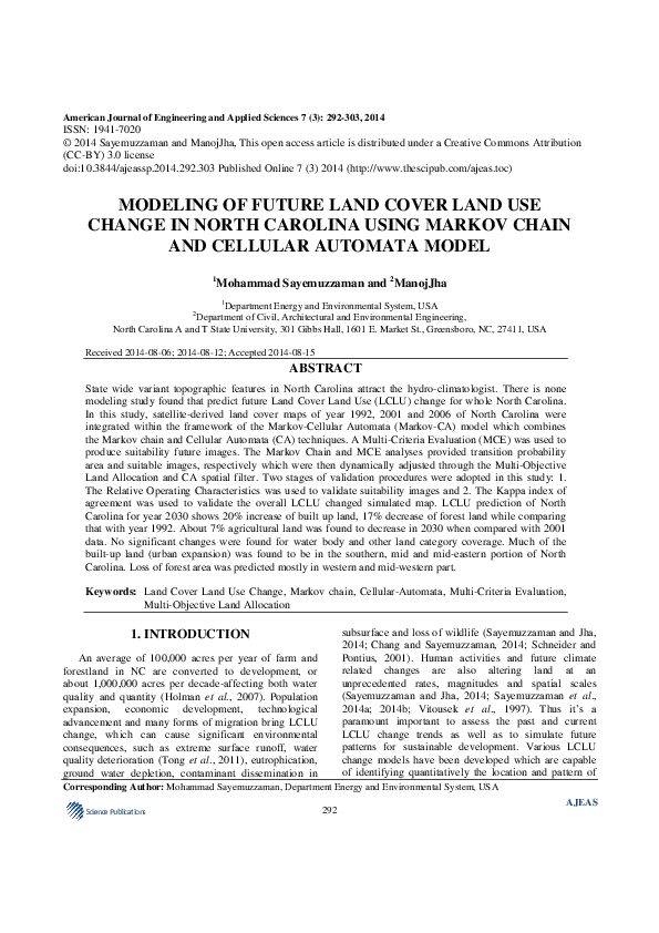 (PDF) MODELING OF FUTURE LAND COVER LAND USE CHANGE IN NORTH CAROLINA USING MARKOV CHAIN AND ...