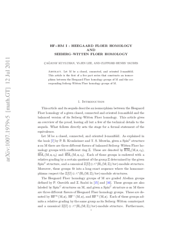 (PDF) HF=HM I : Heegaard Floer homology and Seiberg--Witten Floer homology