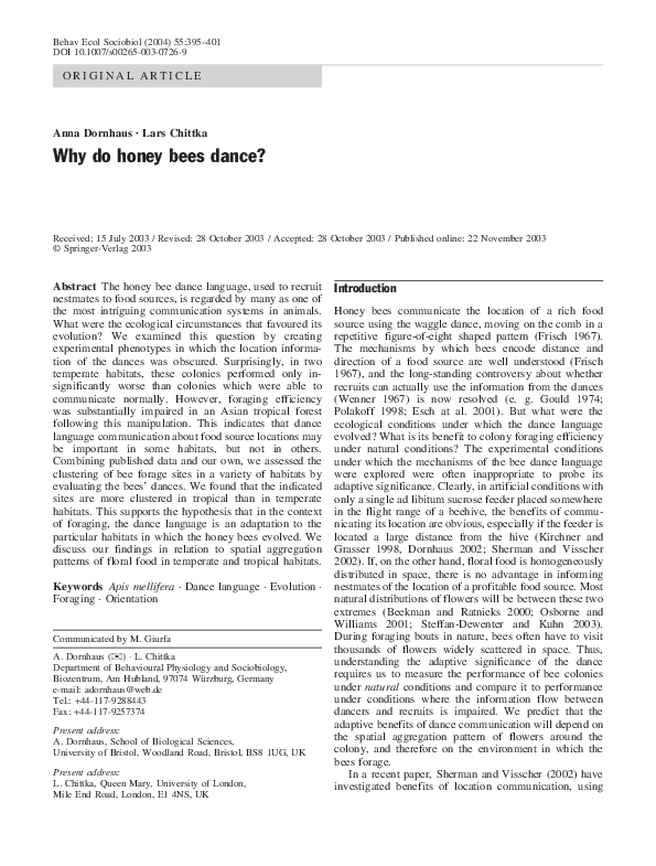 Pdf Why Do Honey Bees Dance