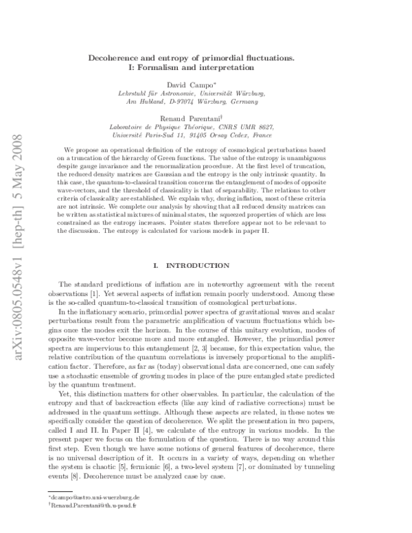 (PDF) Decoherence and entropy of primordial fluctuations. I. Formalism ...