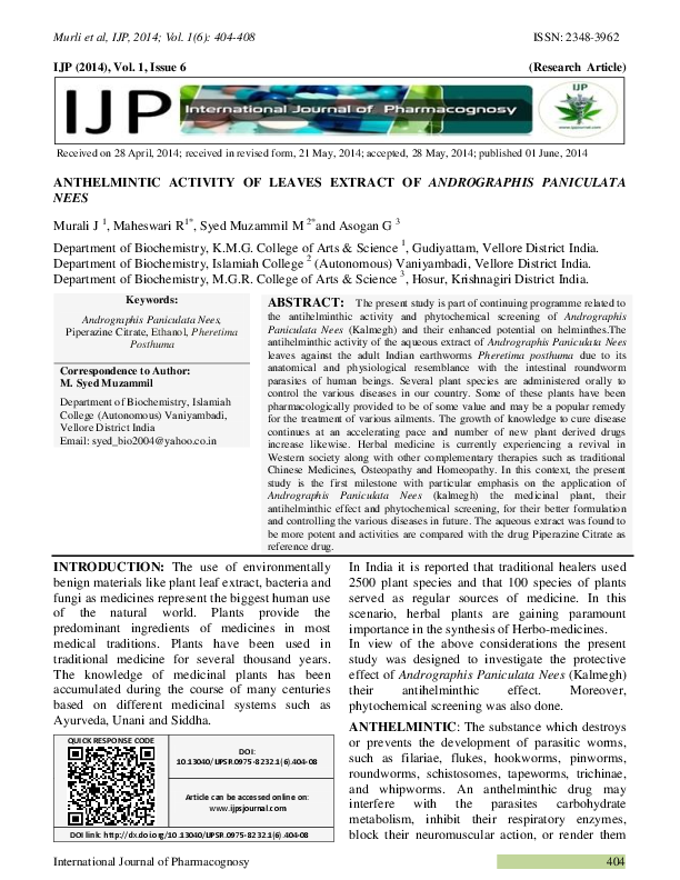 (PDF) ANTHELMINTIC ACTIVITY OF LEAVES EXTRACT OF ANDROGRAPHIS PANICULATA NEES