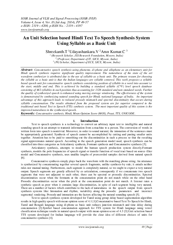 Pdf An Unit Selection Based Hindi Text To Speech Synthesis System Using Syllable As A Basic Unit