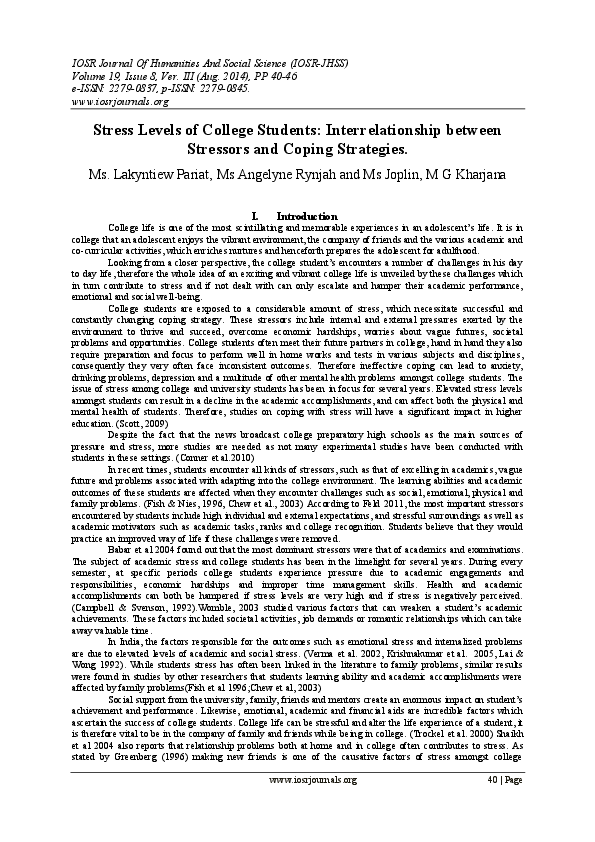 (PDF) Stress Levels of College Students: Interrelationship between Stressors and Coping Strategies