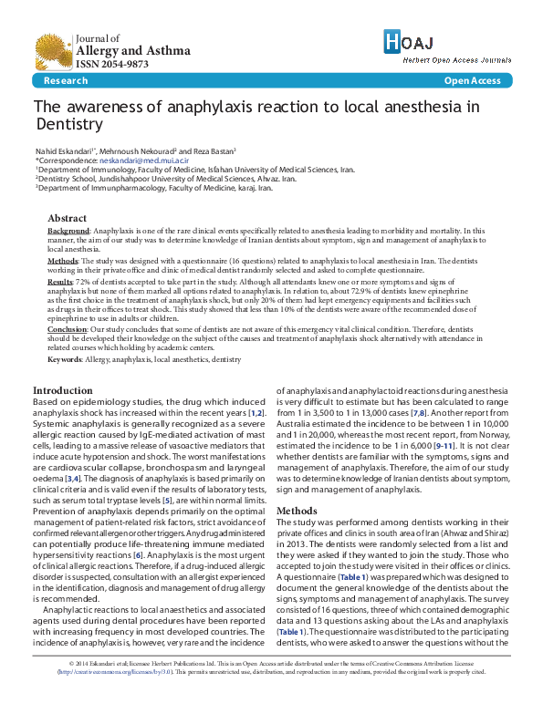 (PDF) The awareness of anaphylaxis reaction to local anesthesia in ...