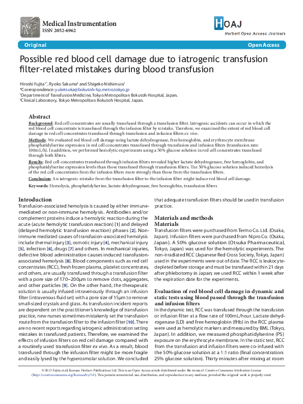 (PDF) Possible red blood cell damage due to iatrogenic transfusion ...