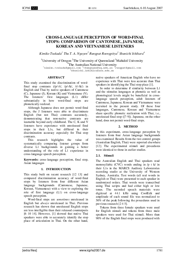 (PDF) CROSS-LANGUAGE PERCEPTION OF WORD-FINAL STOPS: COMPARISON OF CANTONESE, JAPANESE, KOREAN ...