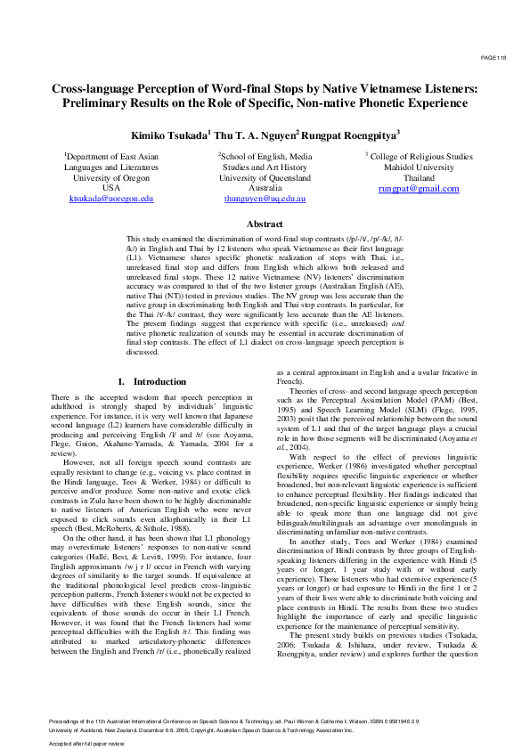 (PDF) Cross-language Perception of Word-final Stops by Native Vietnamese Listeners: Preliminary ...