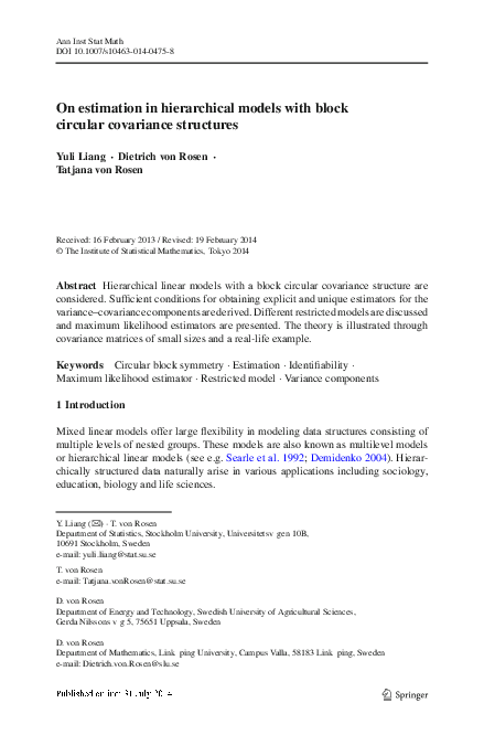 Pdf On Estimation In Hierarchical Models With Block Circular Covariance Structures