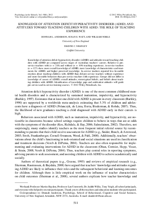 (PDF) Knowledge of Attention Deficit Hyperactivity Disorder (ADHD) and attitudes toward teaching ...