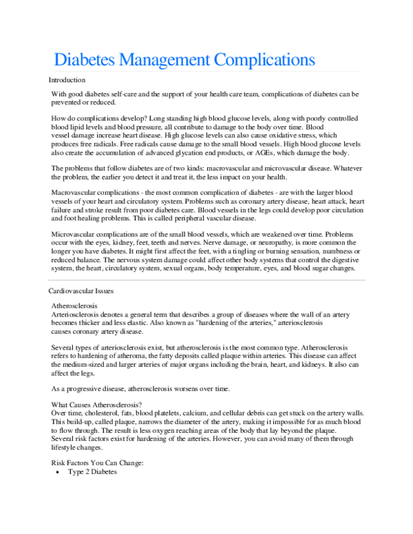 (DOC) Diabetes Management Complications Introduction With good diabetes ...