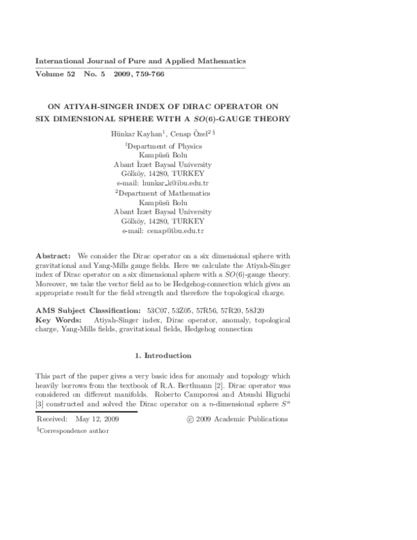 (PDF) ON ATIYAH-SINGER INDEX OF DIRAC OPERATOR ON SIX DIMENSIONAL ...