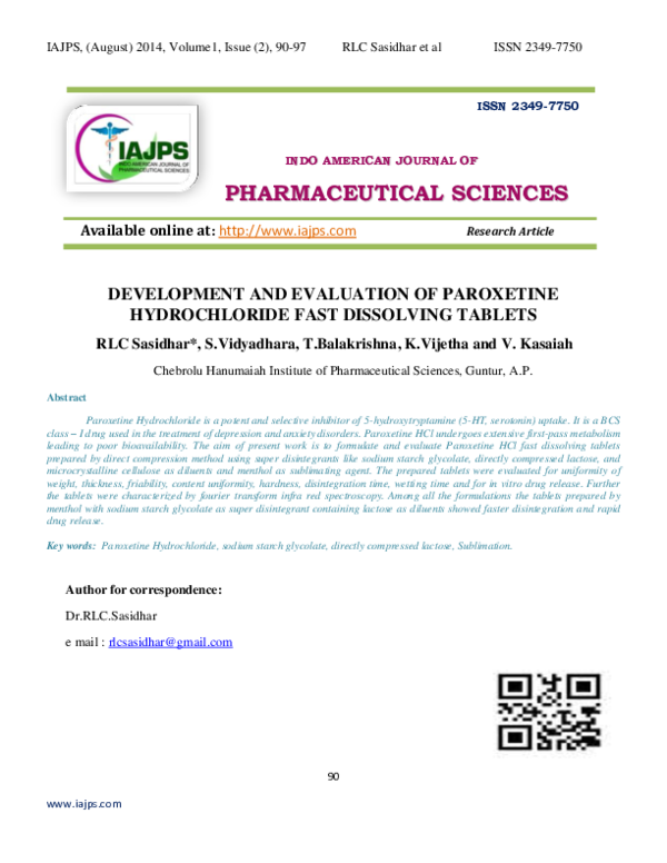 Development And Evaluation Of Paroxetine Hydrochloride Fast Dissolving Tablets