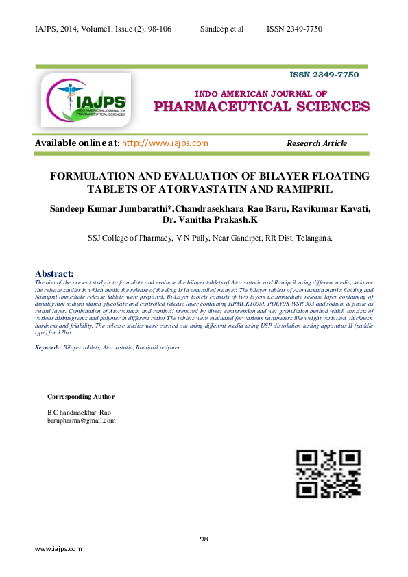 Formulation And Evaluation Of Bilayer Floating Tablets Of Atorvastatin And Ramipril