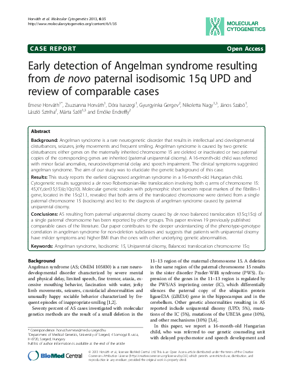 (PDF) Early detection of Angelman syndrome resulting from de novo ...