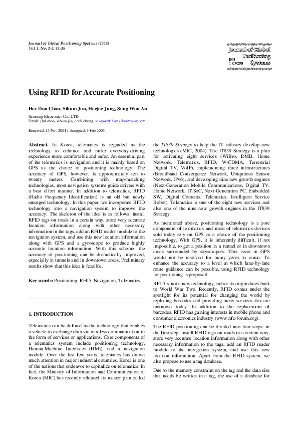 (PDF) Using RFID for Accurate Positioning