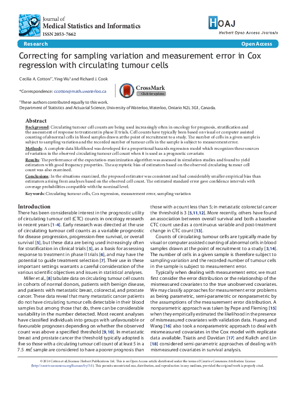 (PDF) Correcting for sampling variation and measurement error in Cox regression with circulating ...