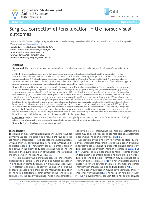 (PDF) Surgical correction of lens luxation in the horse: visual outcomes