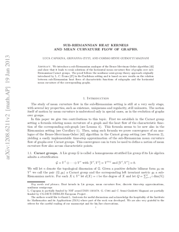 (PDF) SUB-RIEMANNIAN HEAT KERNELS AND MEAN CURVATURE FLOW OF GRAPHS