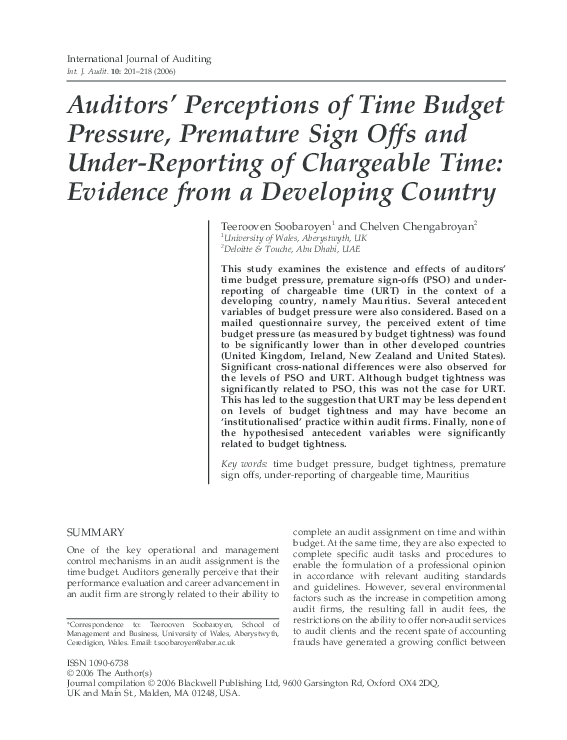 (PDF) Auditors' Perceptions of Time Budget Pressure, Premature Sign ...
