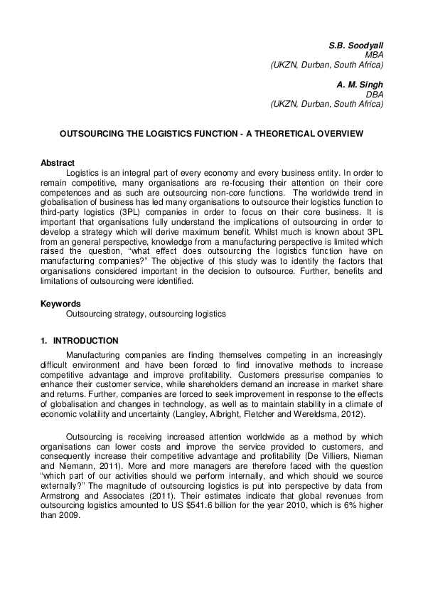 (PDF) OUTSOURCING THE LOGISTICS FUNCTION- A THEORETICAL OVERVIEW