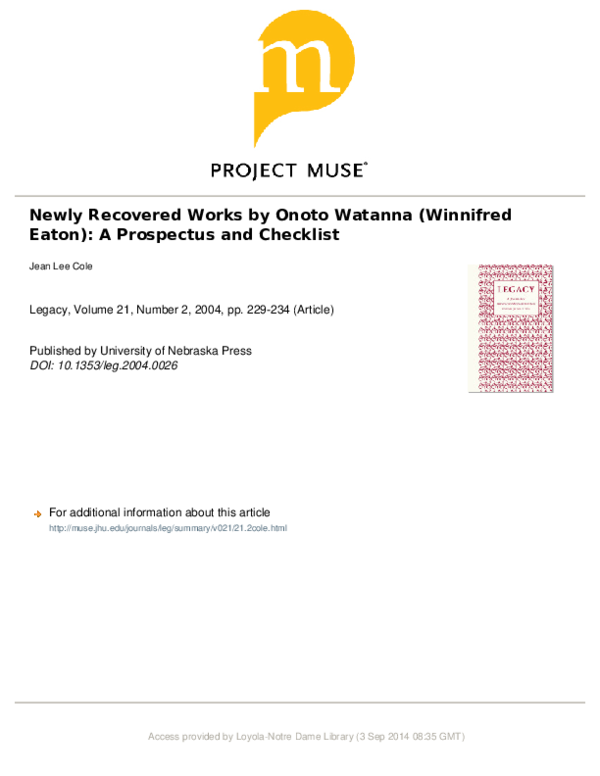 (PDF) Newly Recovered Works by Onoto Watanna (Winnifred Eaton): A ...