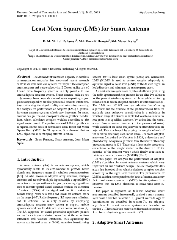 Pdf Least Mean Square Lms For Smart Antenna