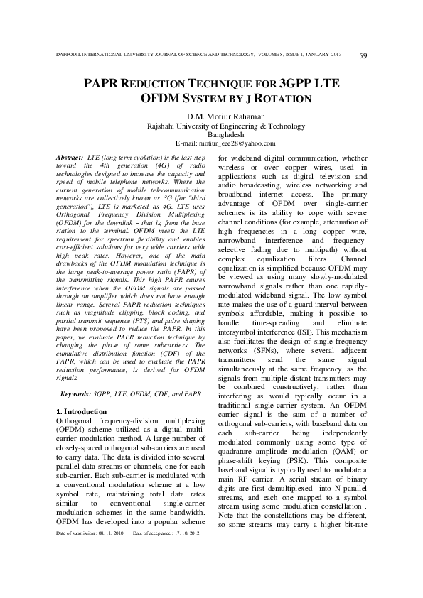 Pdf Papr Reduction Technique For 3gpp Lte Ofdm System By J Rotation