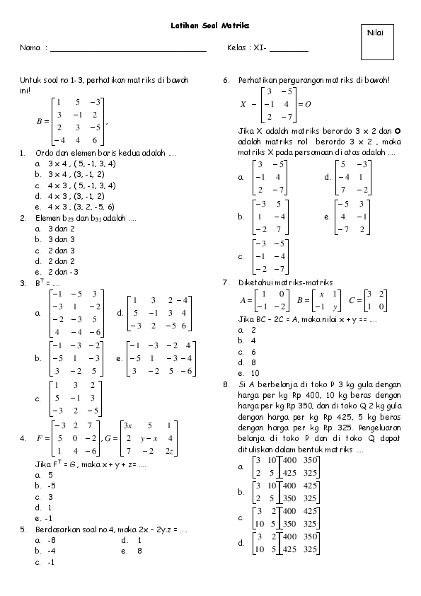 (DOC) Latihan Soal Matriks