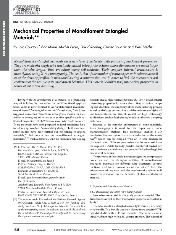 (PDF) Mechanical Properties of Monofilament Entangled Materials