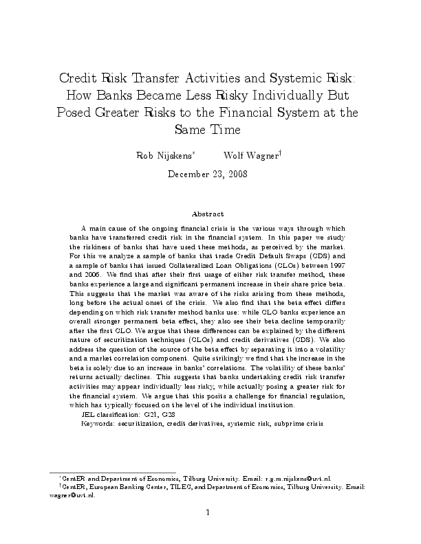 (PDF) Credit risk transfer activities and systemic risk: How banks ...