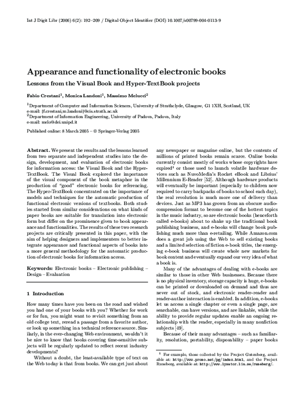 (PDF) Appearance and functionality of electronic books