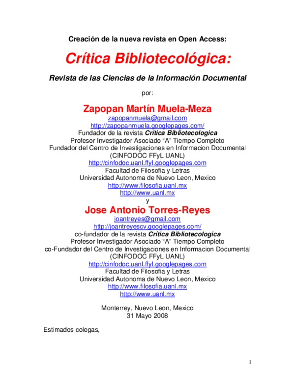 (PDF) Creación de la nueva revista en Open Access: Crítica ...