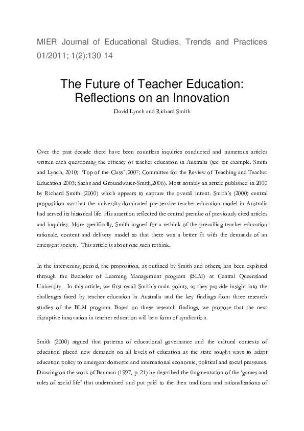 (PDF) The Future of Teacher Education: Reflections on an Innovation