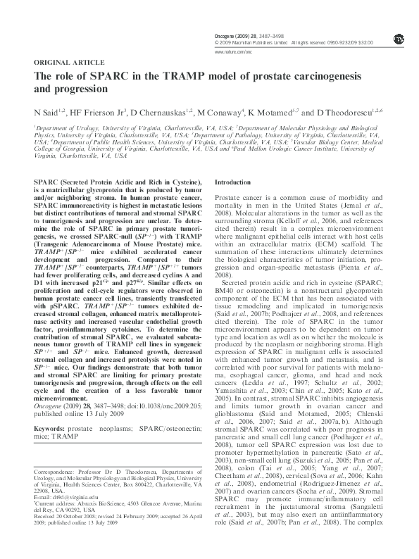 (PDF) The role of SPARC in the TRAMP model of prostate carcinogenesis ...
