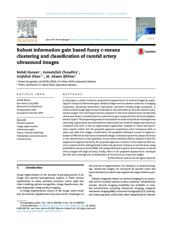 Pdf Robust Information Gain Based Fuzzy C Means Clustering And Classification Of Carotid