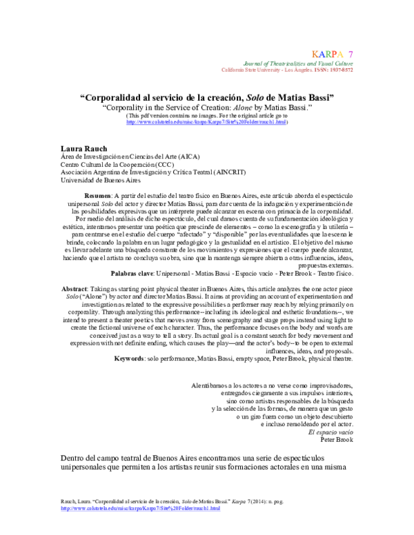 (PDF) Rauch, Laura. “Corporalidad al servicio de la creación, Solo de ...
