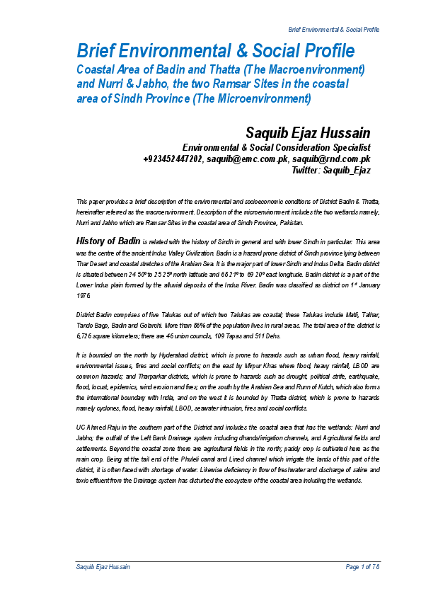 (PDF) Brief Environmental & Social Profile - Coastal Area of Badin and ...