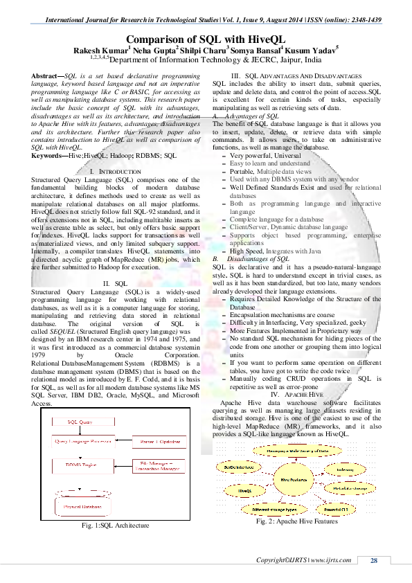 Pdf Comparison Of Sql With Hiveql 
