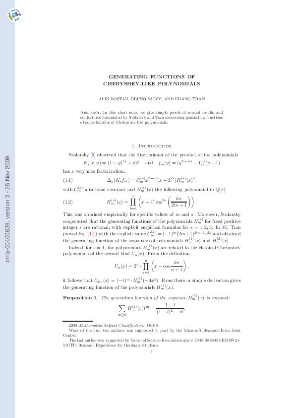 Pdf Generating Functions Of Chebyshev Like Polynomials Khang Tran